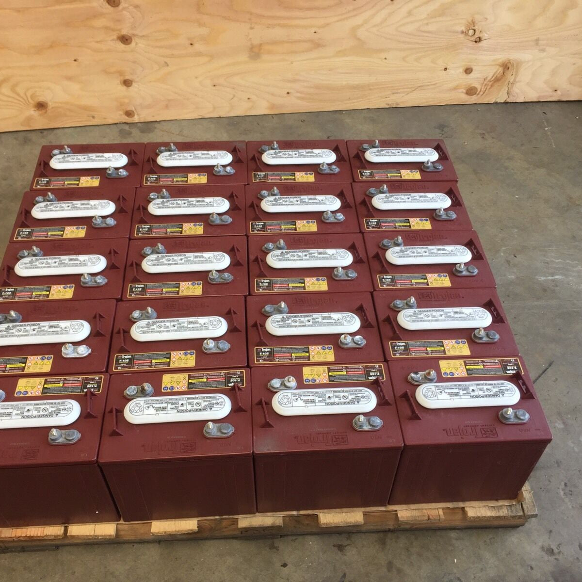 A pallet of 6 volt Trojan deep cycle t105 battery gets ready to ship d ...